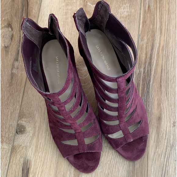 Saks Fifth Avenue | Shoes | Gorgeous Plum Suede Suede Cage Booties ...